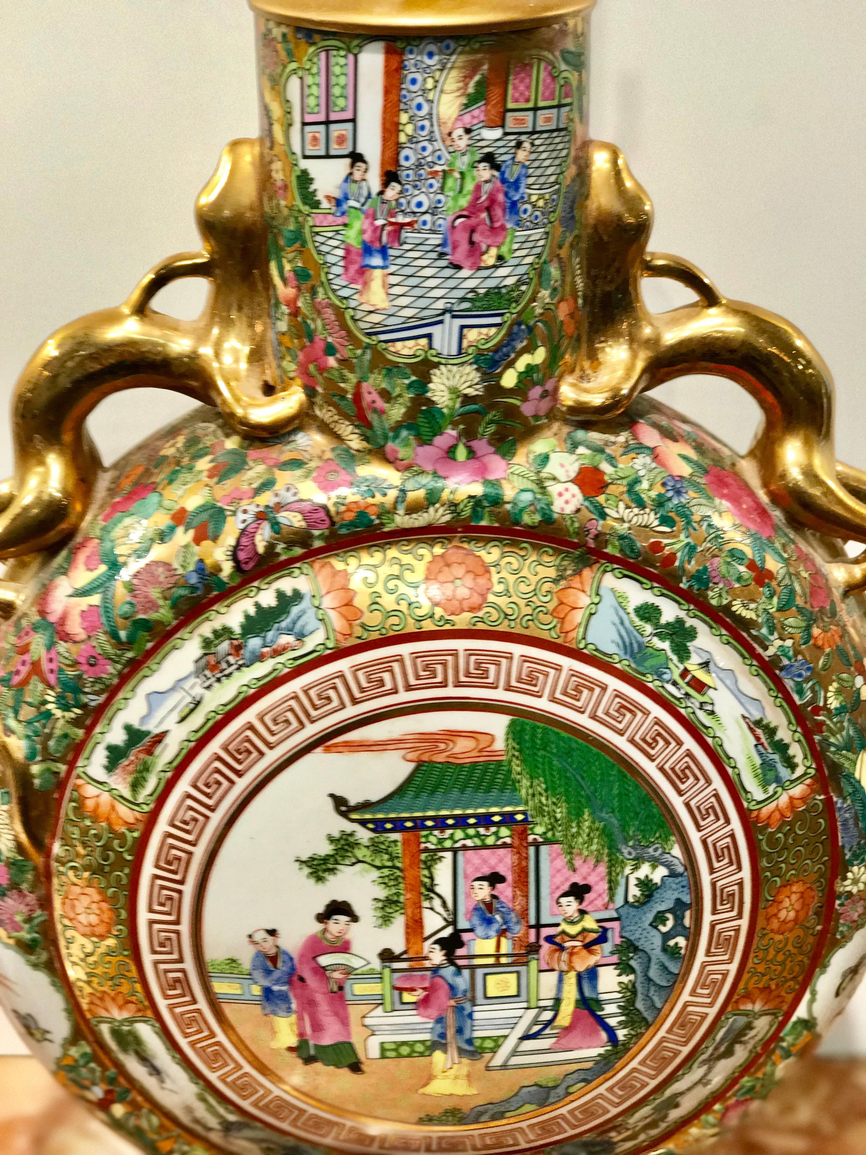 Pair of Rose Medallion Moon Flask Vases, Now as Lamps For Sale at 1stDibs