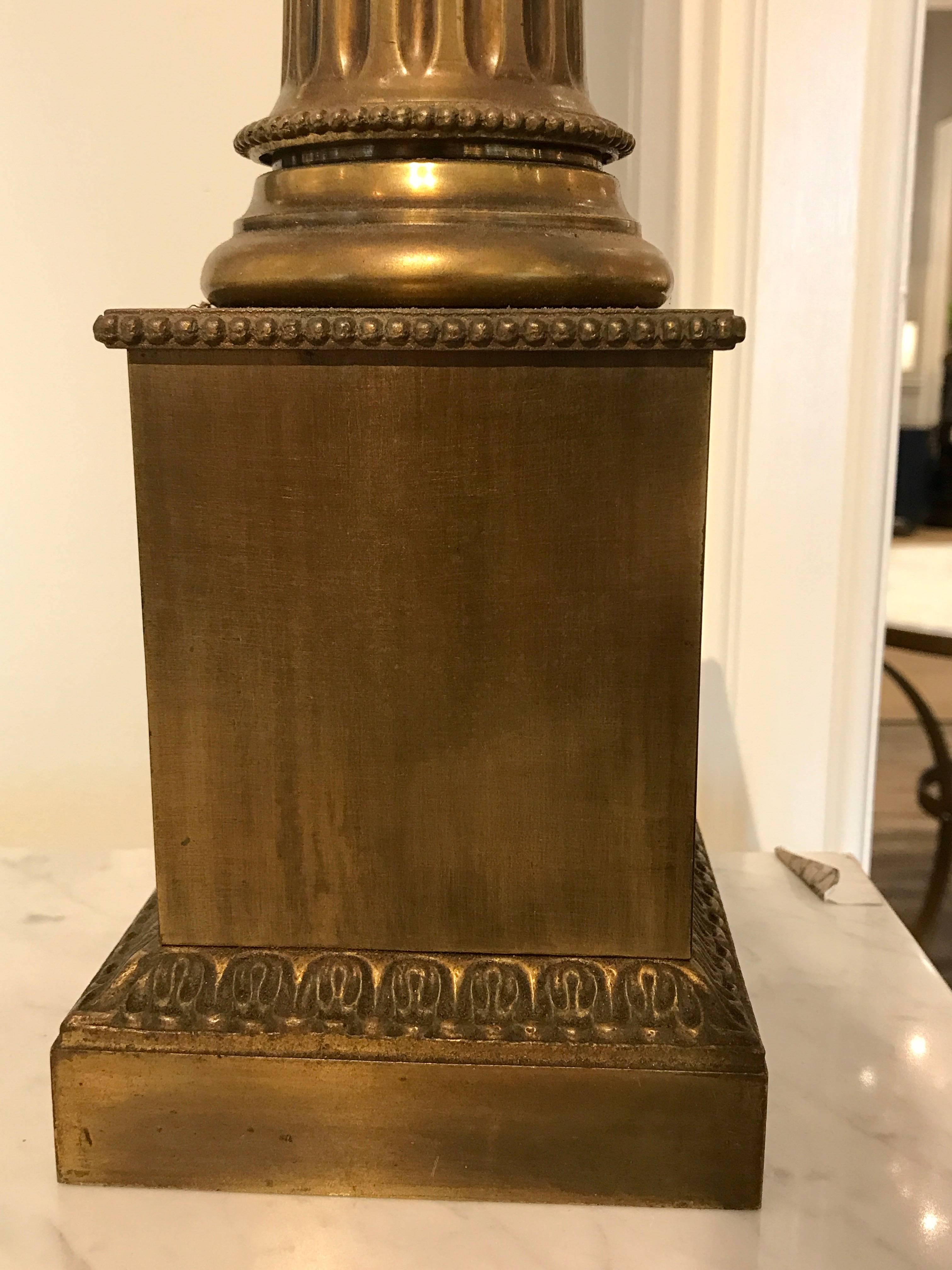 Pair of French Neoclassical Patinated Brass Column Lamps at 1stDibs