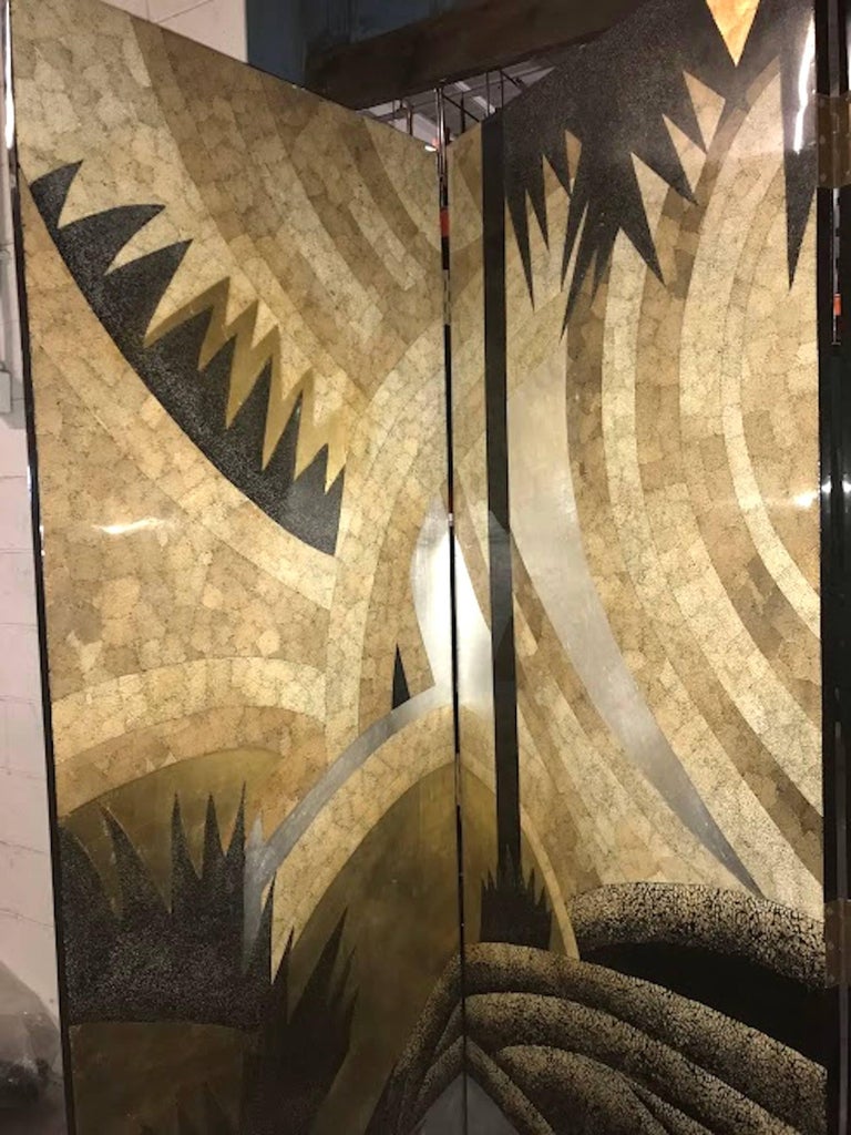 Art Deco Style Egg Shell Lacquer Three-Panel Screen in the Manner of ...