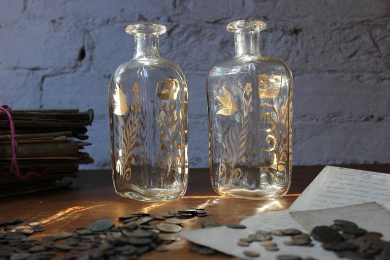 Pair of circa 1800 Swedish Glass Flasks Gilt Decorated for Gustav III ...