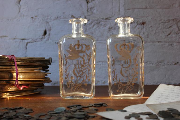 Pair of circa 1800 Swedish Glass Flasks Gilt Decorated for Gustav III ...