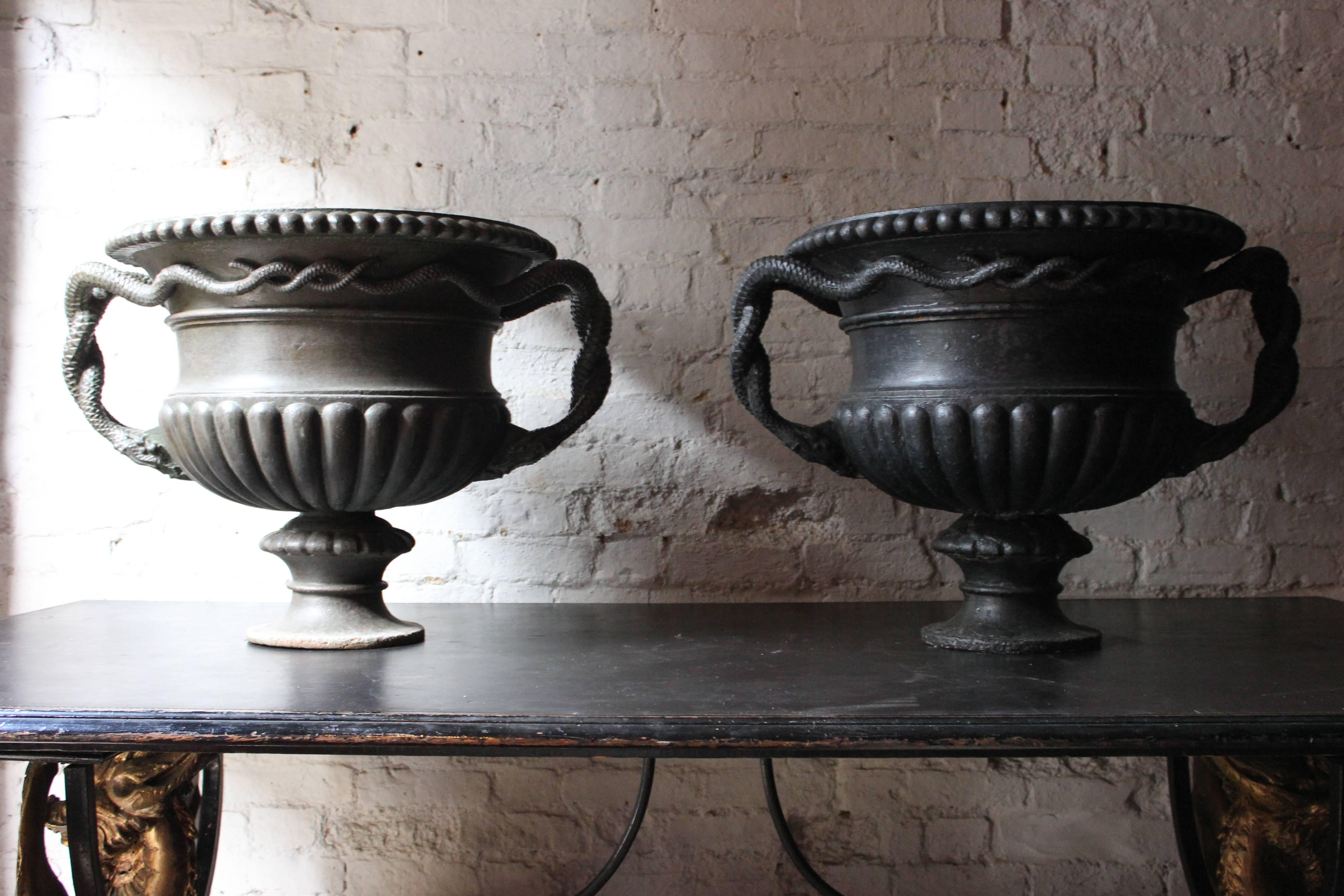 Large and Rare Pair of Cast Iron French Estate Serpent Handled Urns at ...