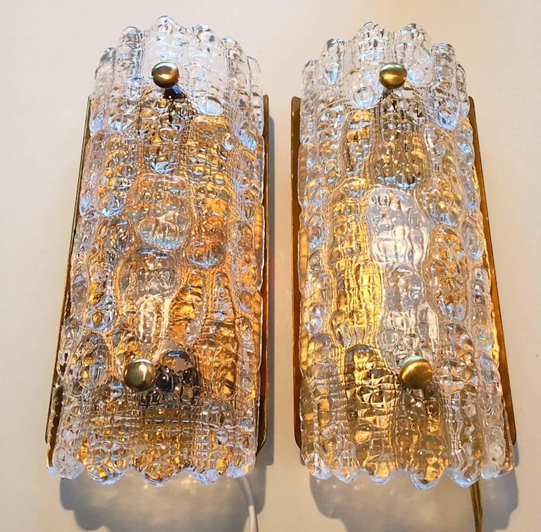 Pair of Glass and Brass Wall Sconces by Carl Fagerlund and Orrefors for ...
