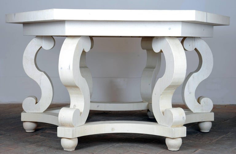 Hexagonal White Fir Wood Table by Michelangeli, Italy For Sale at 1stDibs