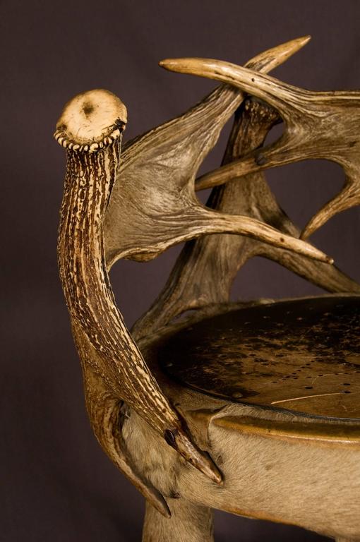 Moose Antler Stool with Pierced Wooden Seat on Four Moose Legs For Sale ...