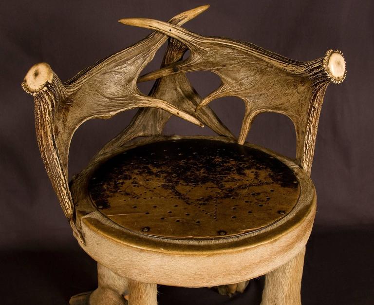 Moose Antler Stool with Pierced Wooden Seat on Four Moose Legs For Sale ...