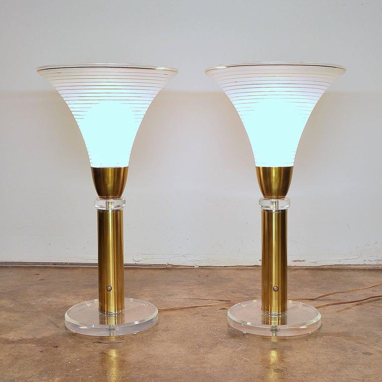Large Pair of Karl Springer Brass, Lucite and Murano Glass Torchiere ...