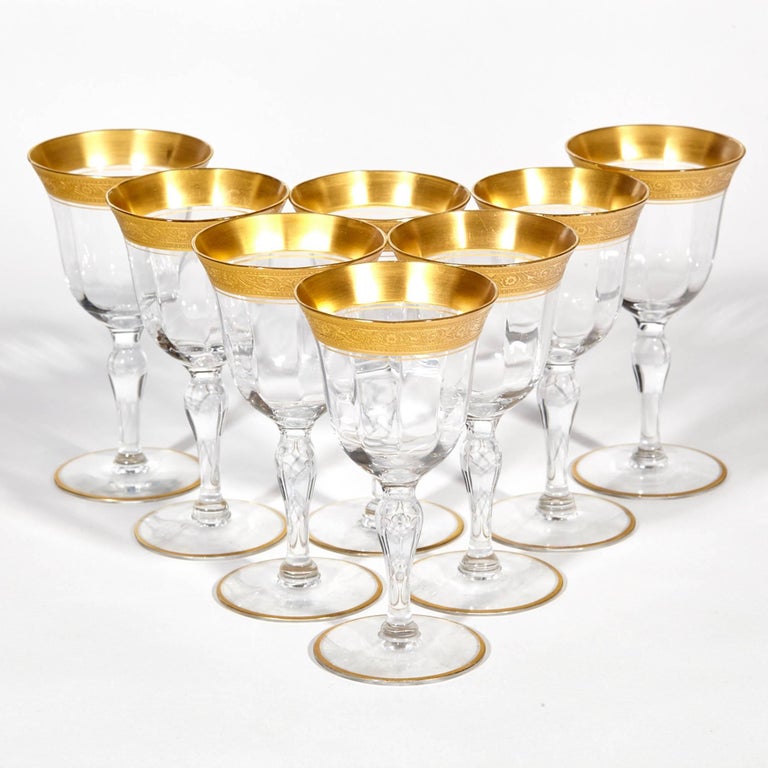 Art Deco Tiffin Glass Floral Gold Rim Wine Stems, Set of Eight at 1stDibs