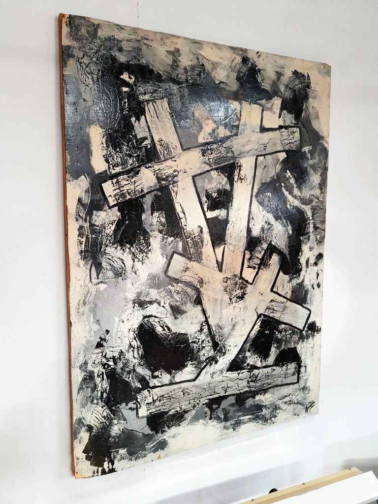 Large Brutalist Abstract Painting on Wood, Signed, France 1990s For ...