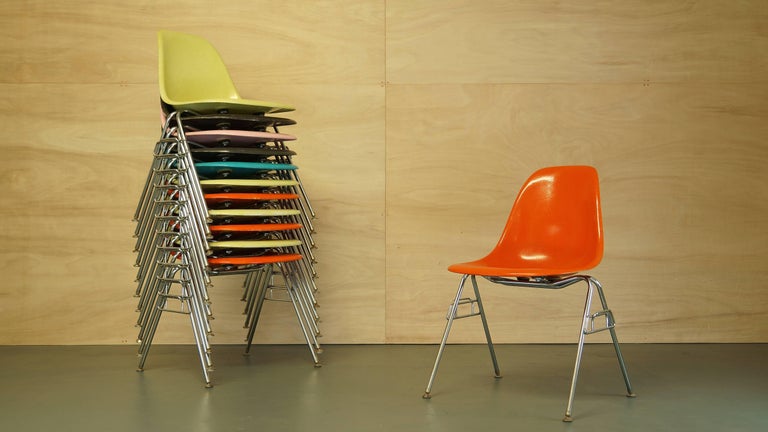 Vintage Midcentury Eames Fiberglass Stacking Shell Chairs, DSS-N Side ...