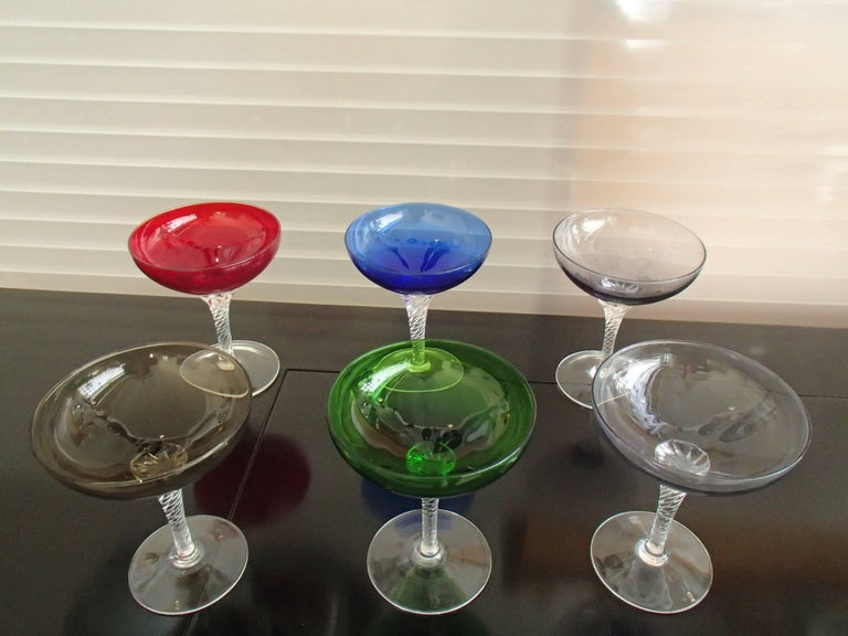 Six Colorful Murano Champagne Cups on Twisted Clear Base For Sale at ...
