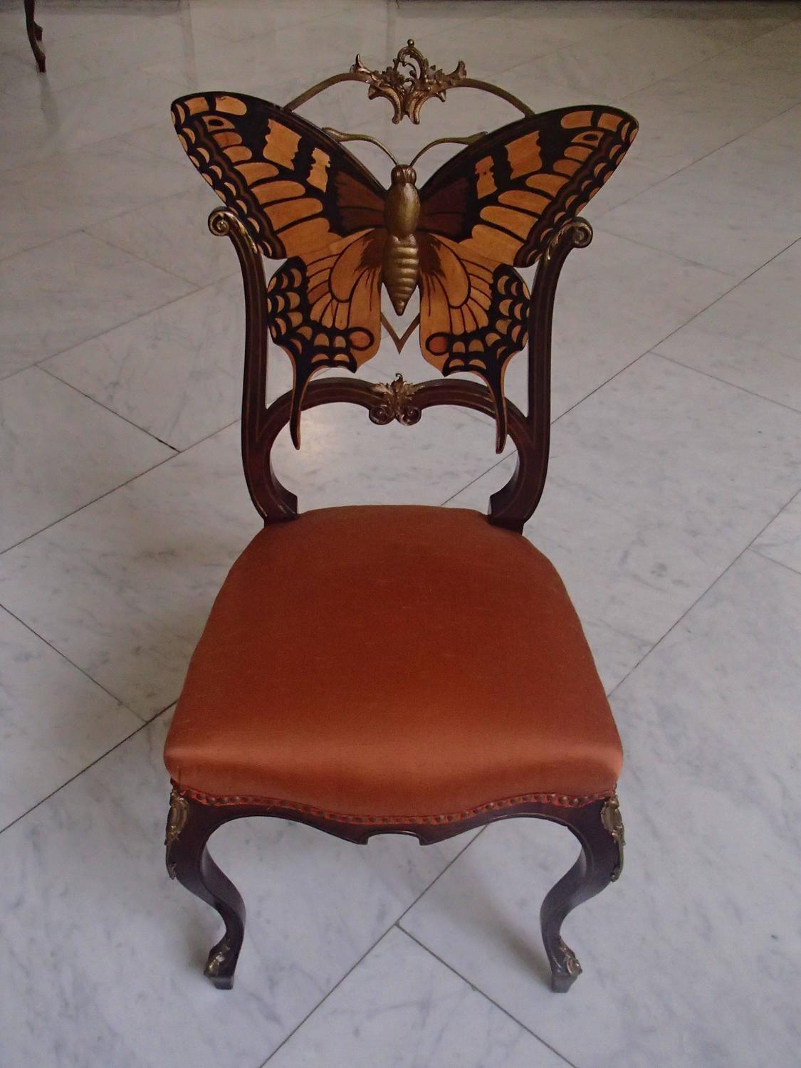 Pair of Early Art Nouveau Butterfly Chairs Inlays and Brass For Sale at ...
