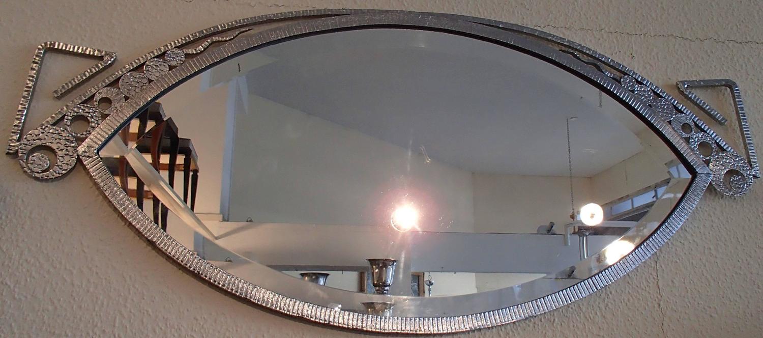Art Deco Forged Iron Silver Oval Decorative Mirror For Sale at 1stdibs