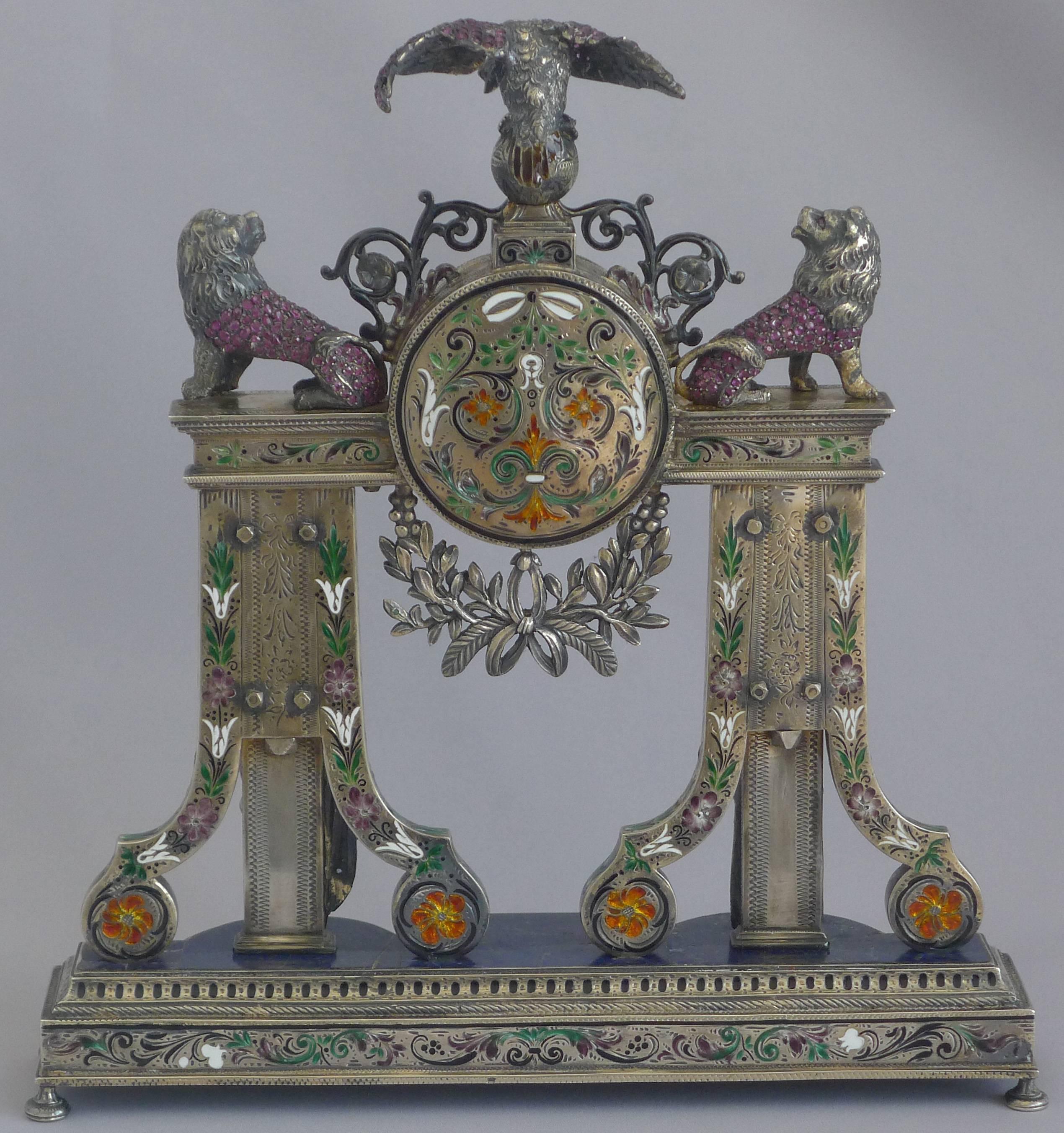 Antique Viennese Silver Gilt and Enamel Clock Modelled as a Fire ...
