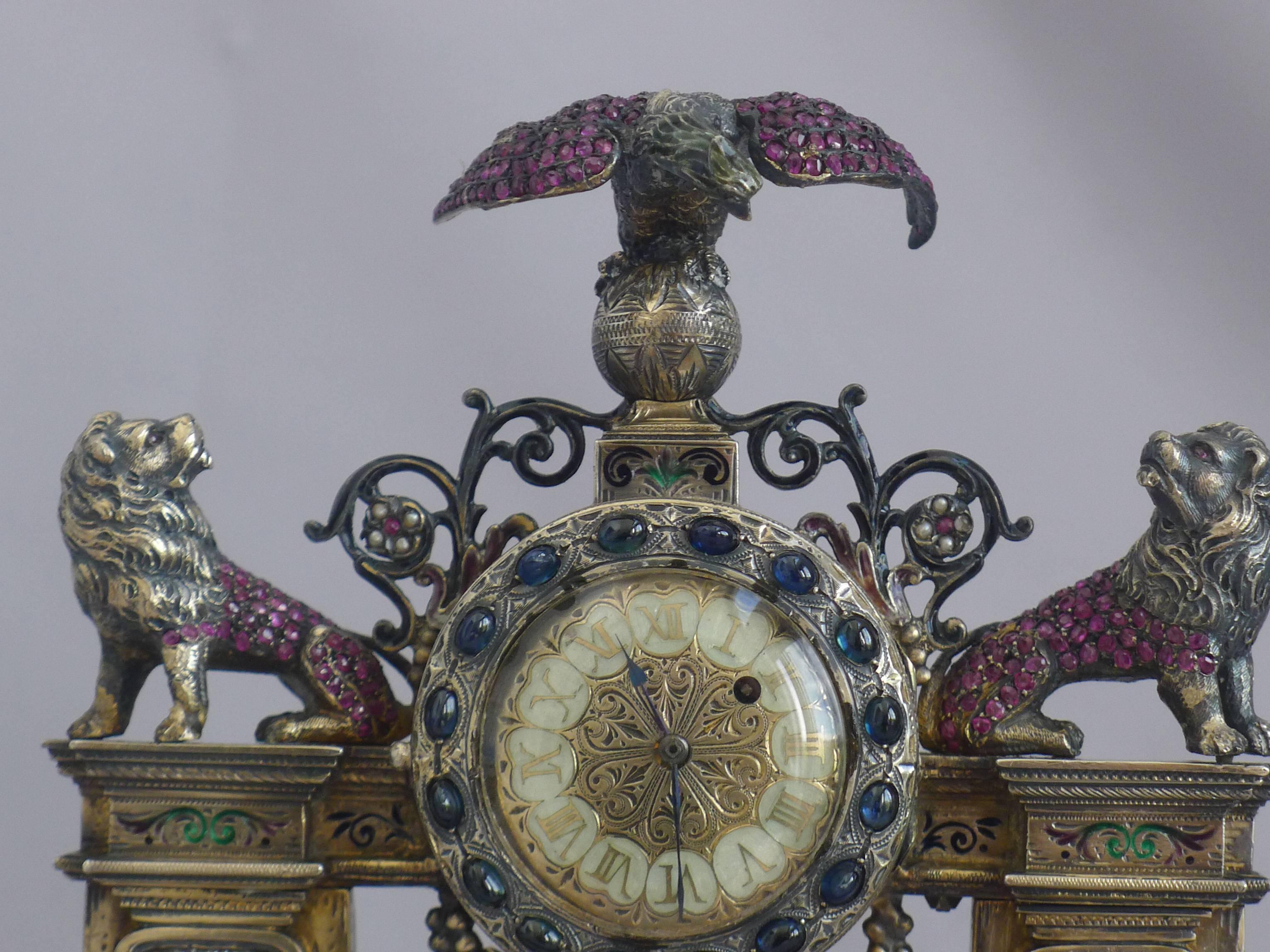 Antique Viennese Silver Gilt and Enamel Clock Modelled as a Fire ...