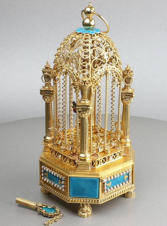 Vintage Silver Gilt, Turquoise Enamel Singing Bird Cage For Sale at 1stDibs