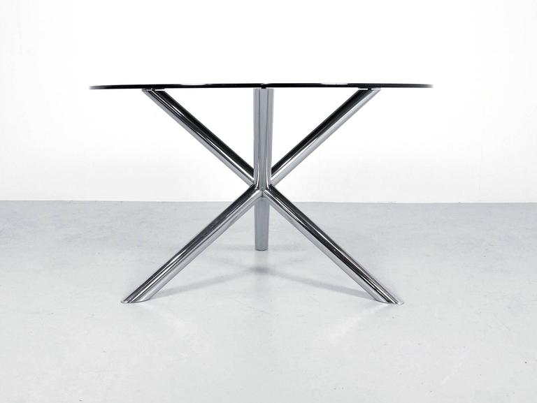 1970s Round Dining Table in Chrome and Smoked Glass by Roche Bobois For Sale at 1stDibs