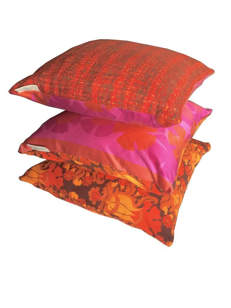 Hot Pink Bright Orange Retro Floral Vintage Geometric Fabric Cushion ...