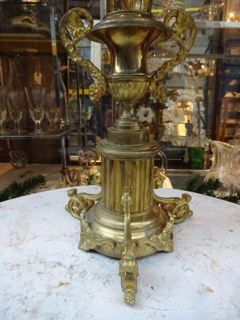 Brass and Opaque Glass Floral French Church Candlestick Candelabra at ...