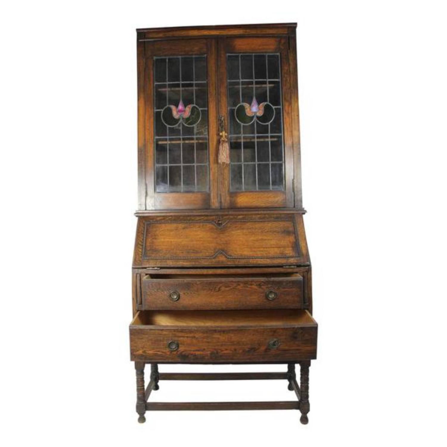 English Arts and Crafts Secretary with Hutch and Leaded Glass Doors For ...
