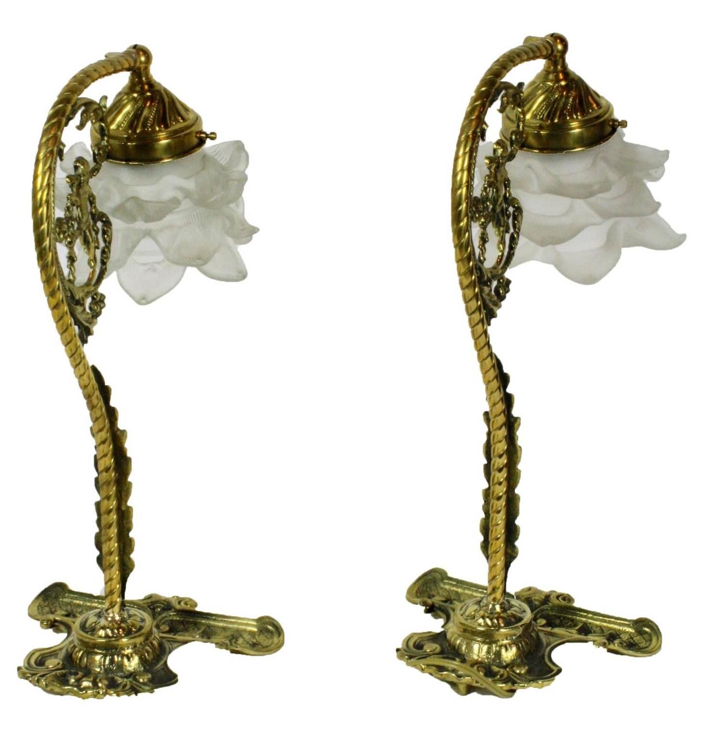 Set of Two Art Nouveau Brass and Frosted Glass Flower Lamps For Sale at ...