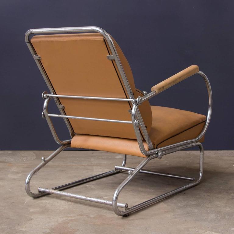 Adjustable Tubular Easy Chair in Original Leather + Wooden Armrests ...