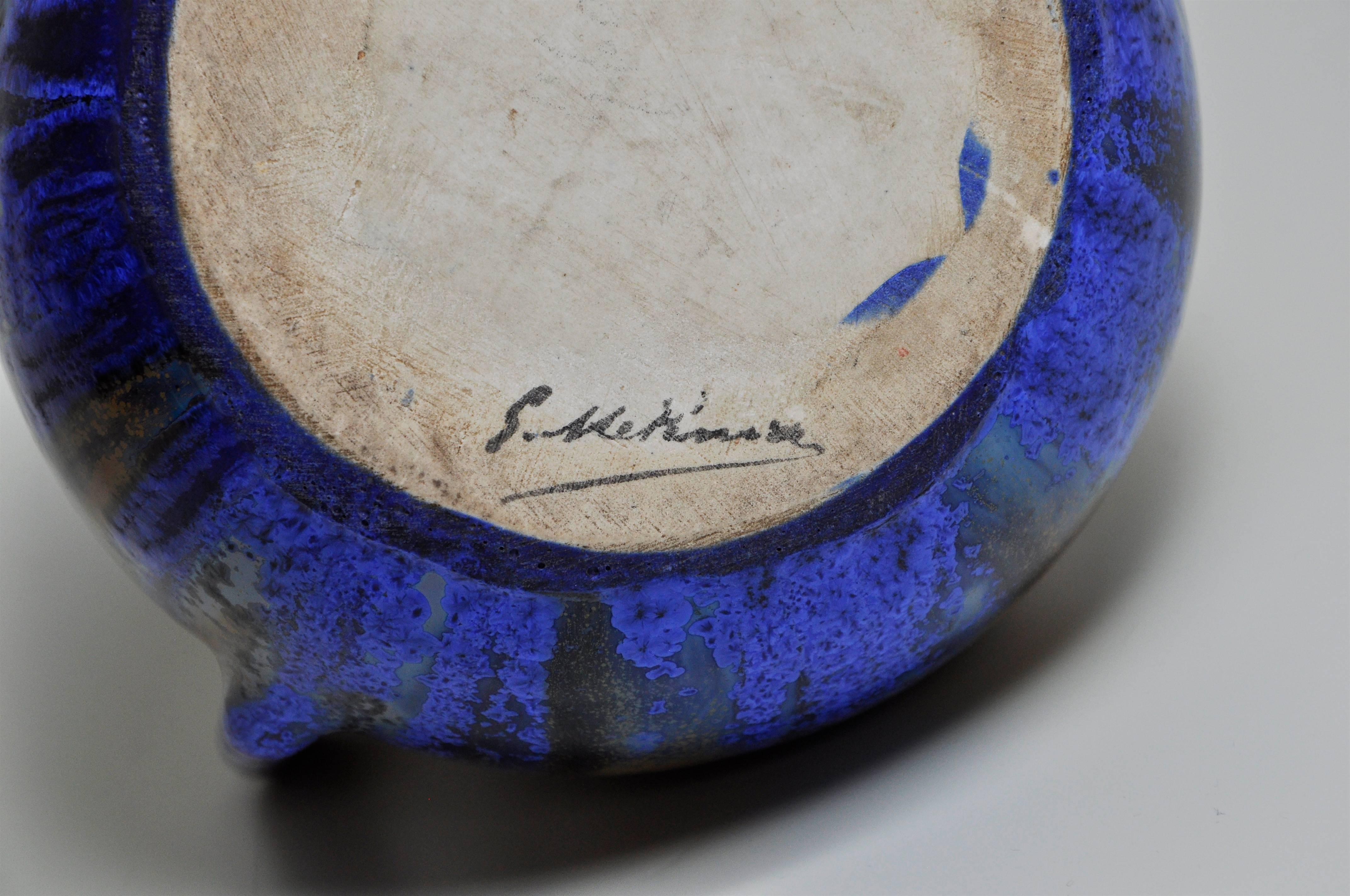 French Art Pottery Metenier Blue Ceramic Vase Pot For Sale at 1stDibs