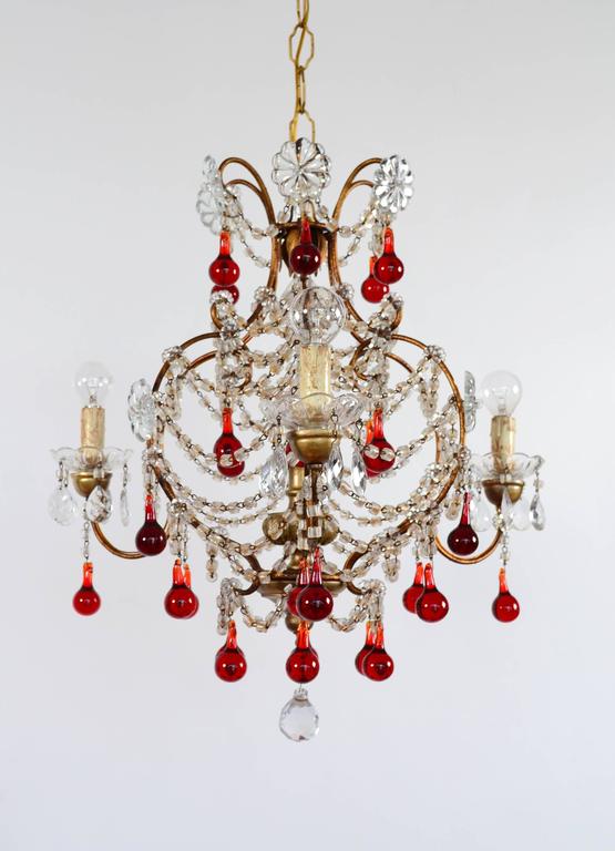 Italian Murano Red Glass Drops Chandelier, 1950s with Four Lights at ...