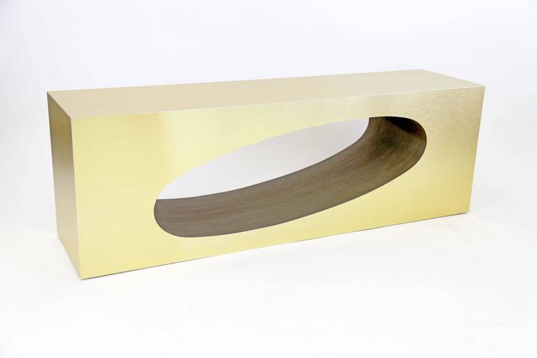 Sentient Orbit Console in Brass Laminate and Walnut Veneer at 1stDibs