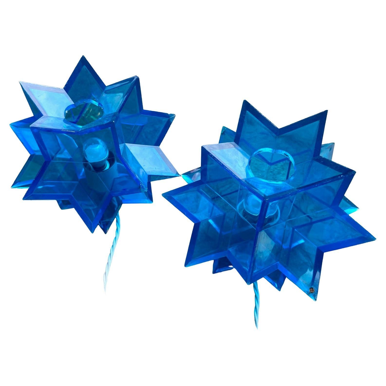 Pair of Midcentury Italian Blue Acrylic Perspex Star Shaped Table Lamps ...