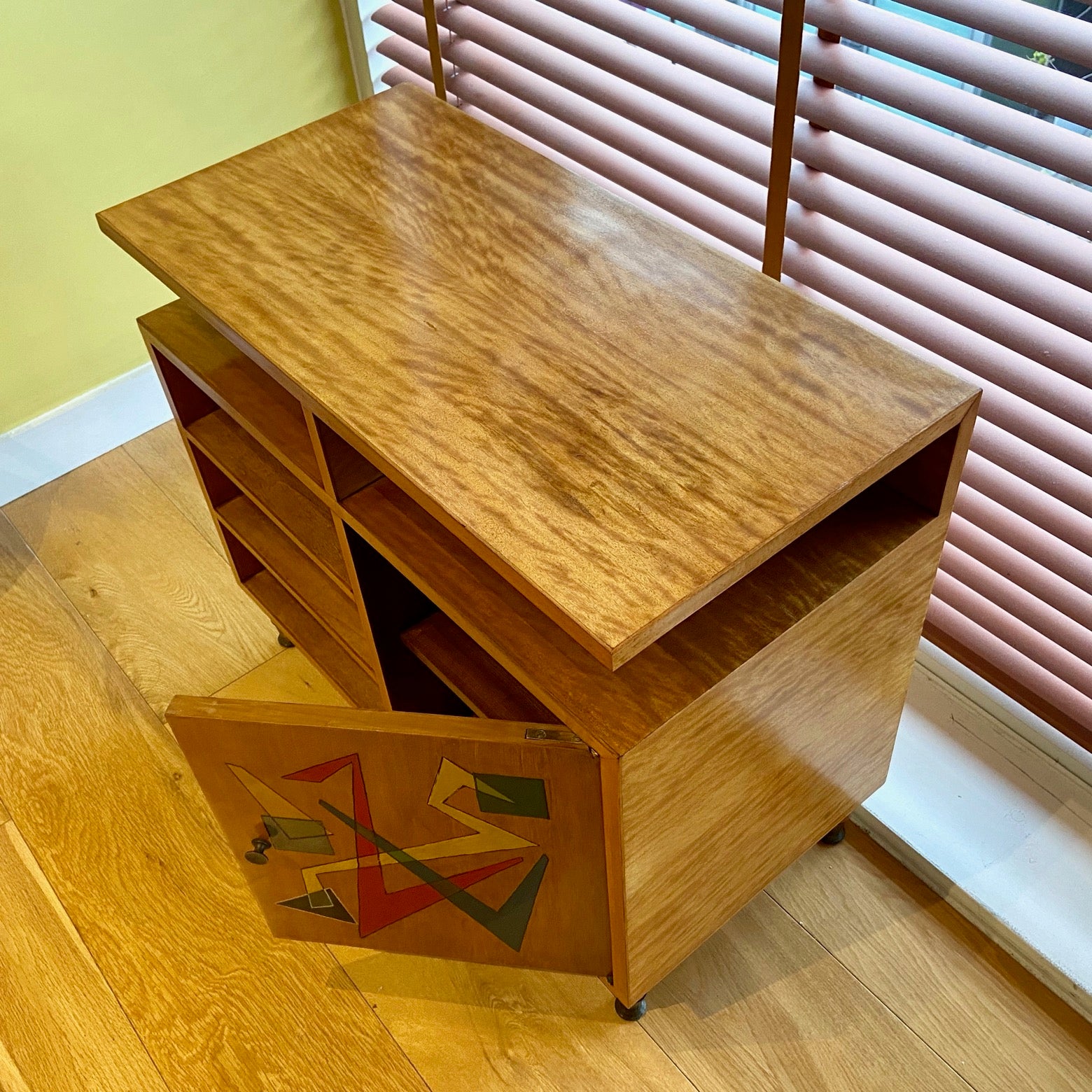 1950's Italian Pair of Blond Wood Side Cabinets with Abstract Painted ...