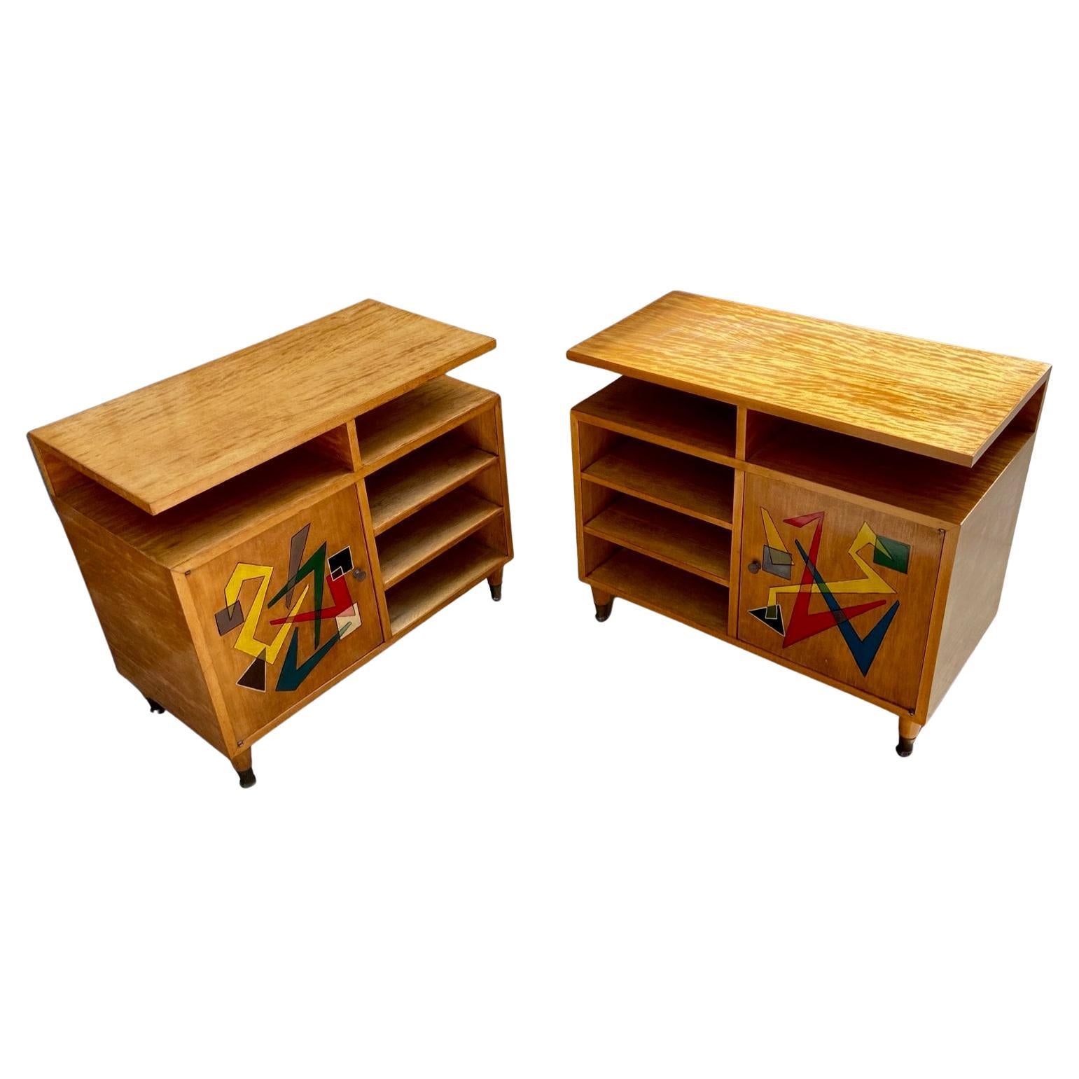 1950's Italian Pair of Blond Wood Side Cabinets with Abstract Painted ...