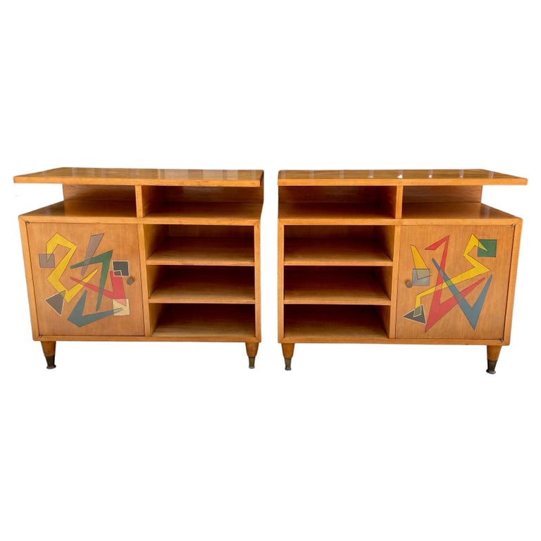 1950's Italian Pair of Blond Wood Side Cabinets with Abstract Painted ...