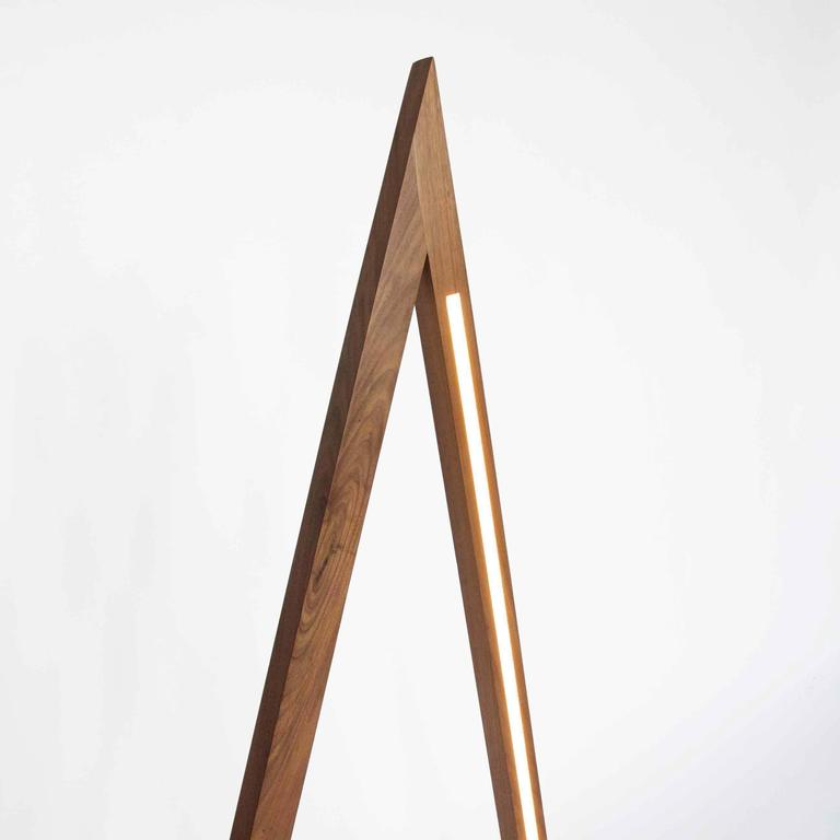 Tall Skinny Triangle Walnut LED Line Light Sculpture For Sale at 1stdibs