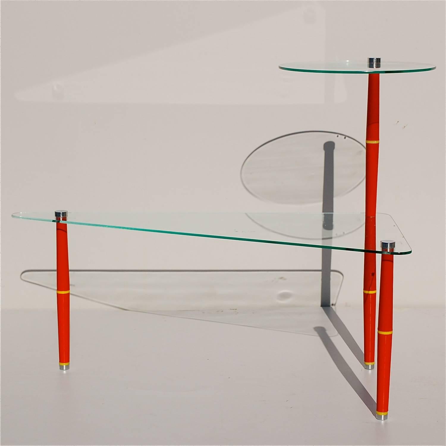 Triangular Glass Side Table with Bright Colored Legs, Mid-20th Century ...