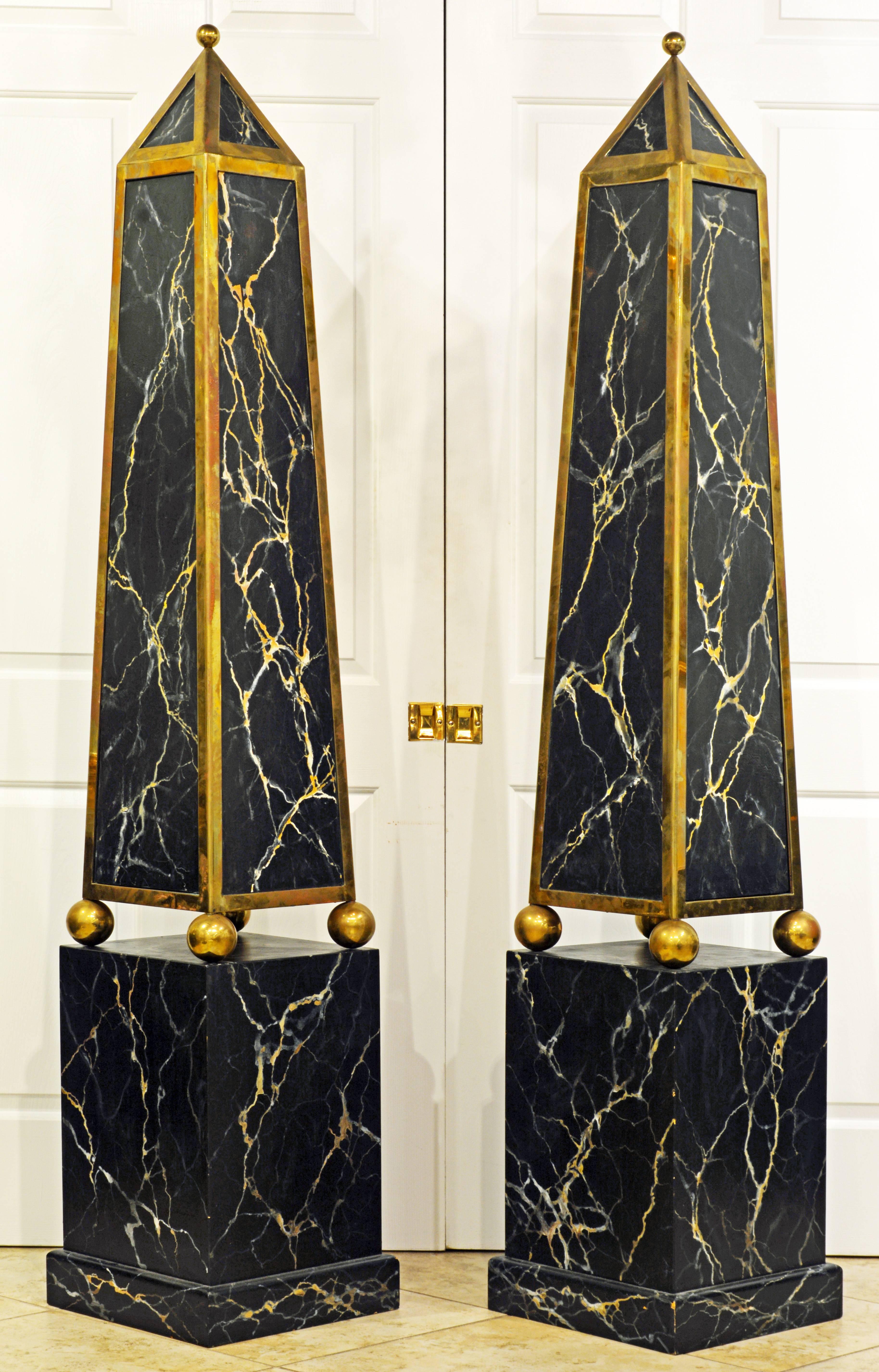 Pair of Monumental Painted and Brass Mounted Neoclassical Obelisks with ...