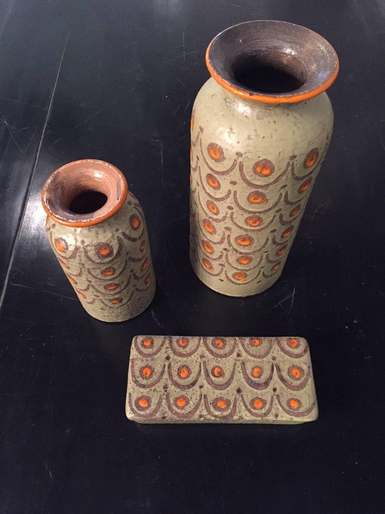 Raymor Three-Piece Ceramic Cigarette Box and Ashtray Set For Sale at ...