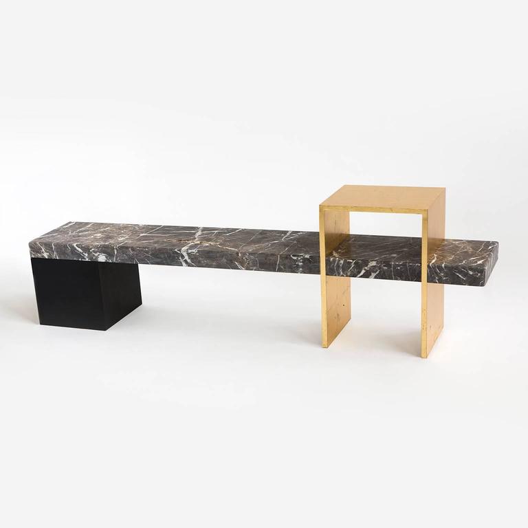 Found Long Bench in Grey Marble, Steel "Gold Leaf" and Dyed Solid White ...