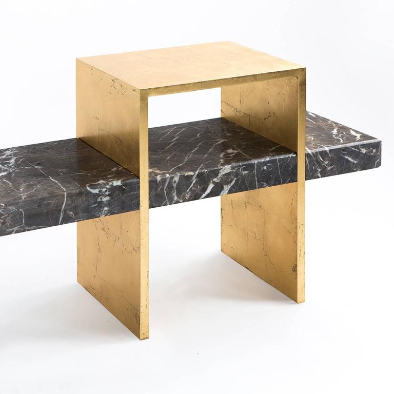 Found Long Bench in Grey Marble, Steel "Gold Leaf" and Dyed Solid White ...