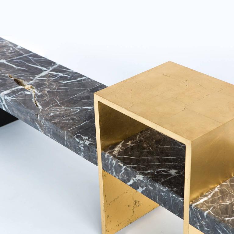 Found Long Bench in Grey Marble, Steel "Gold Leaf" and Dyed Solid White ...