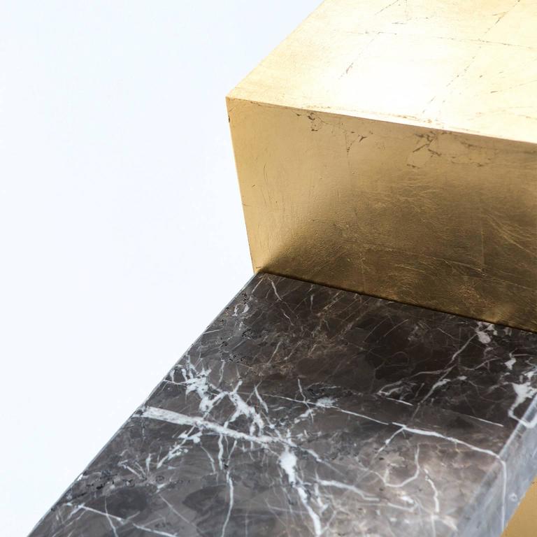 Found Long Bench in Grey Marble, Steel "Gold Leaf" and Dyed Solid White ...