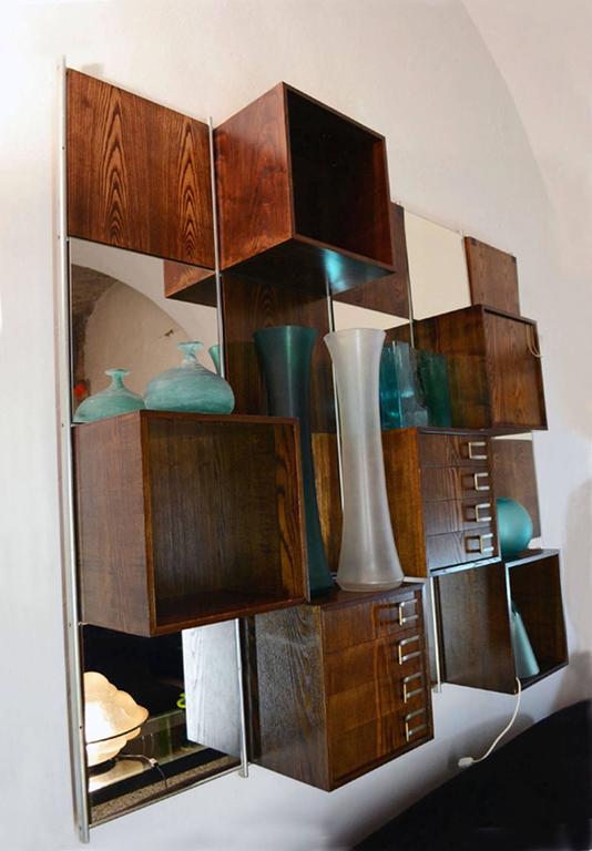 1970s Wall Unit Modular System in Oakwood with Drawers and Mirrors For ...