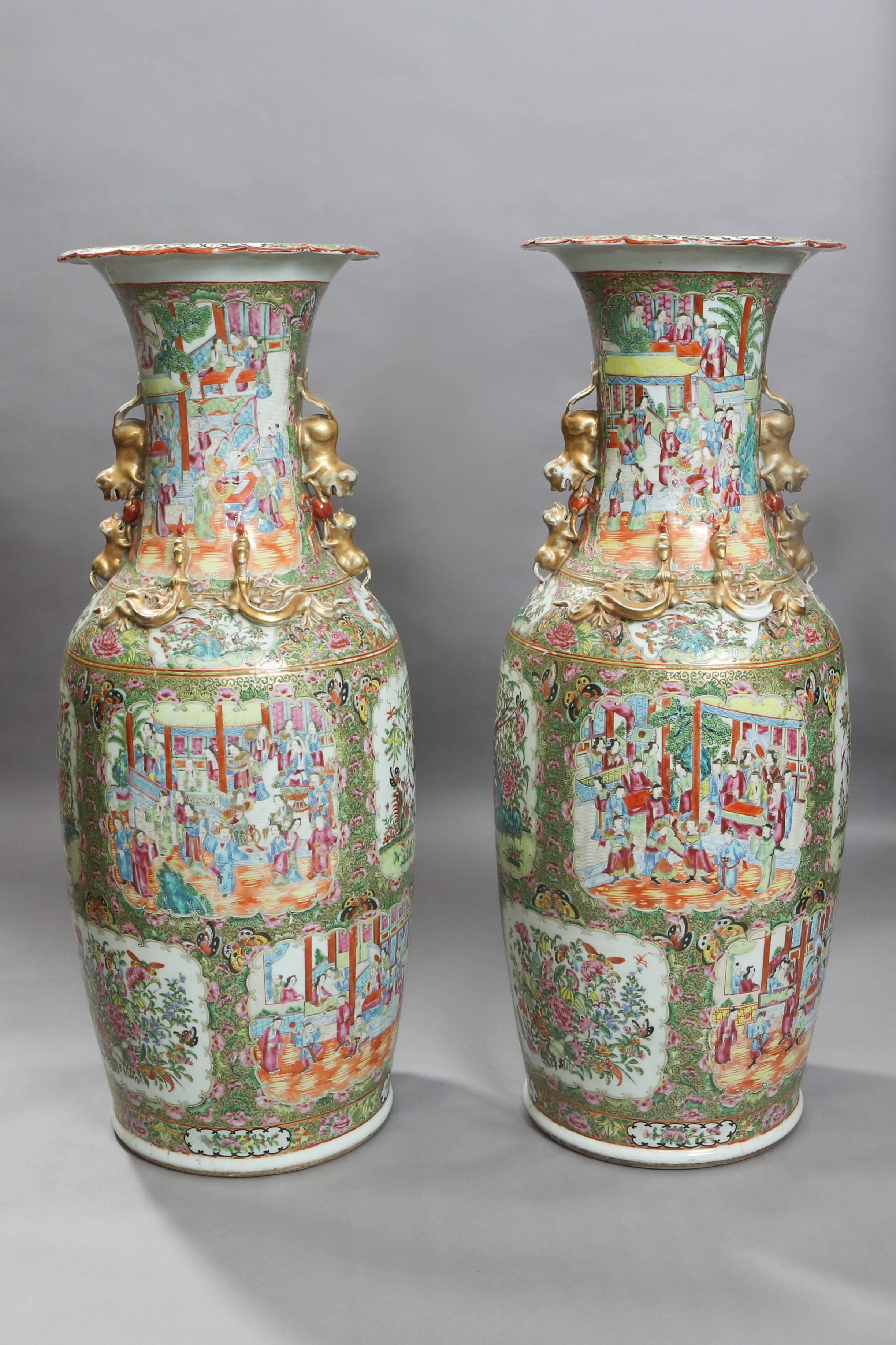 19th Century Pair of Large Famille Rose Canton Vases at 1stDibs