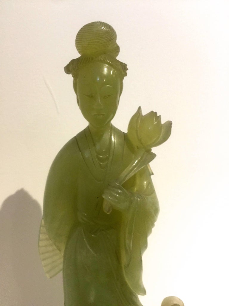 Early 20th Century Hand Carved Figure of a Woman Holding a Lotus Flower ...