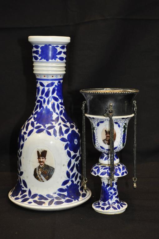 Group of Five Bohemian Nargileh Bases with Cups Featuring Eastern ...