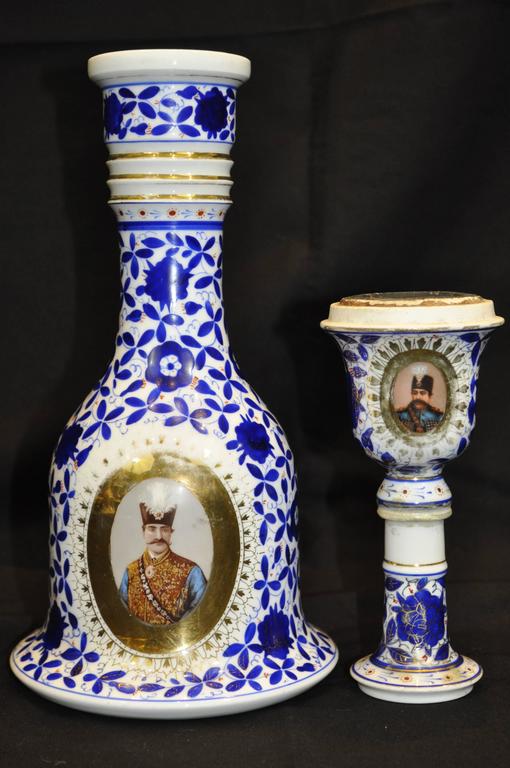 Group of Five Bohemian Nargileh Bases with Cups Featuring Eastern ...