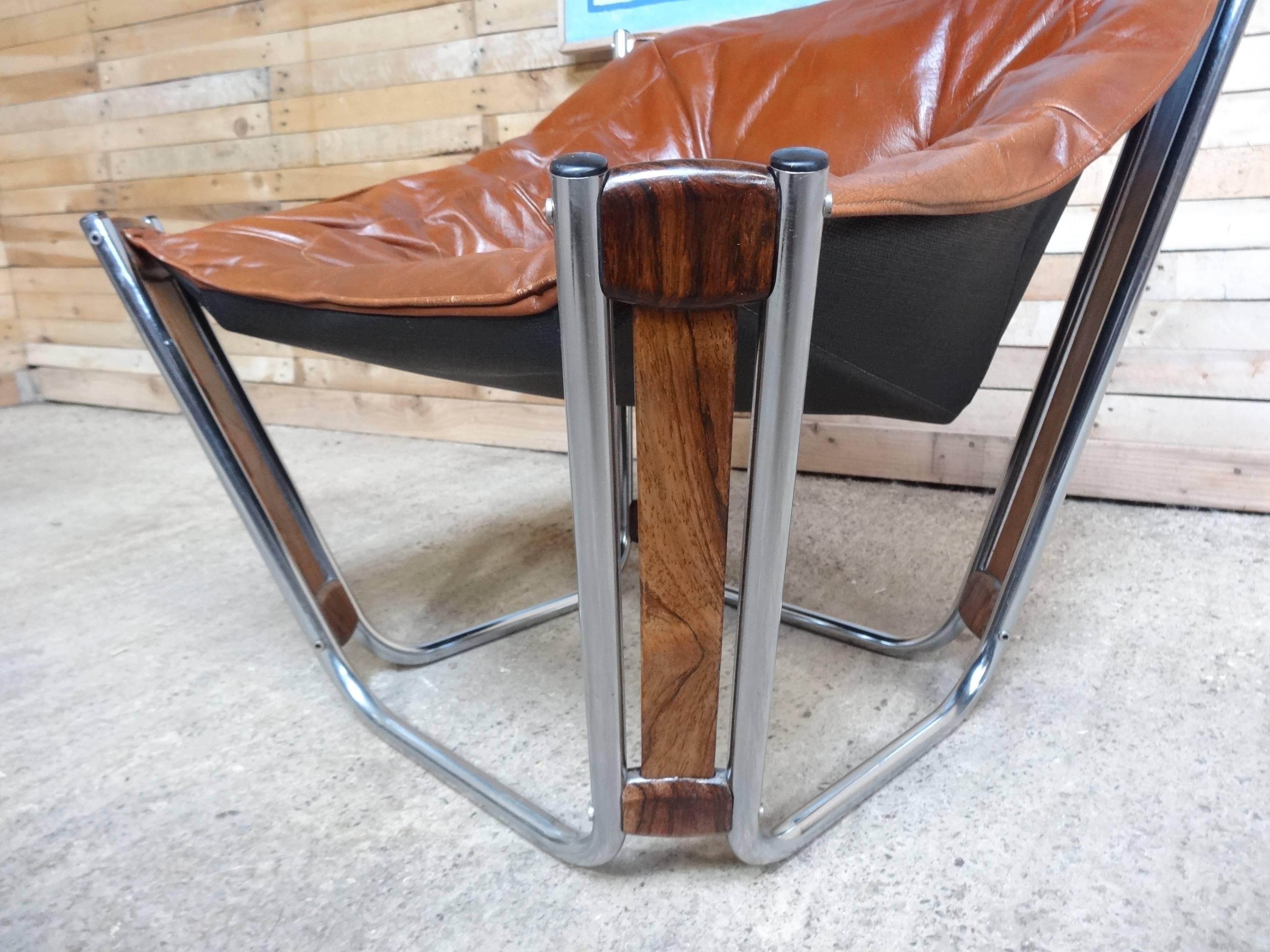 Sought After Brown Leather Chrome/Rosewood Slingback Relling Lounge ...