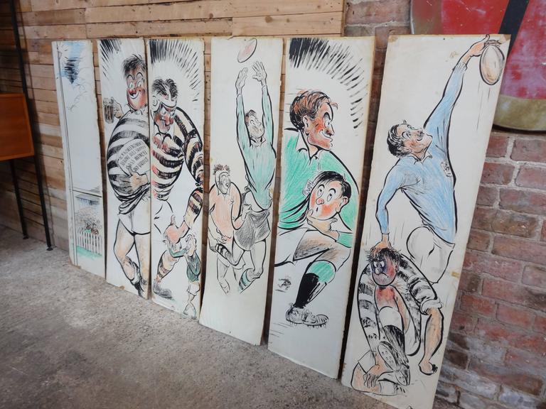 Large Comical English Set of Six Drawings Related to a Rugby Match ...