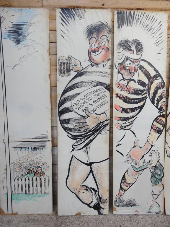 Large Comical English Set of Six Drawings Related to a Rugby Match ...