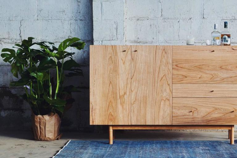 Rex Sideboard in Cherry-wood with Hand Spun Gold Pulls and Drop-down ...